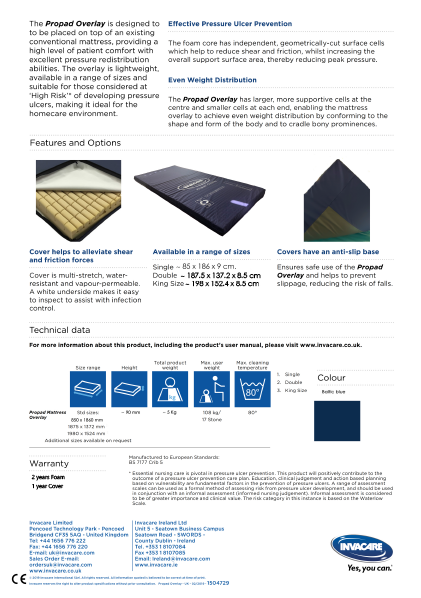 Invacare specification mattress model Propad